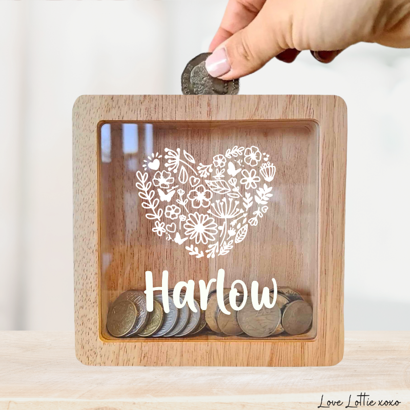 Personalised Money Box Gift - Heart Design with Custom Name - Custom B